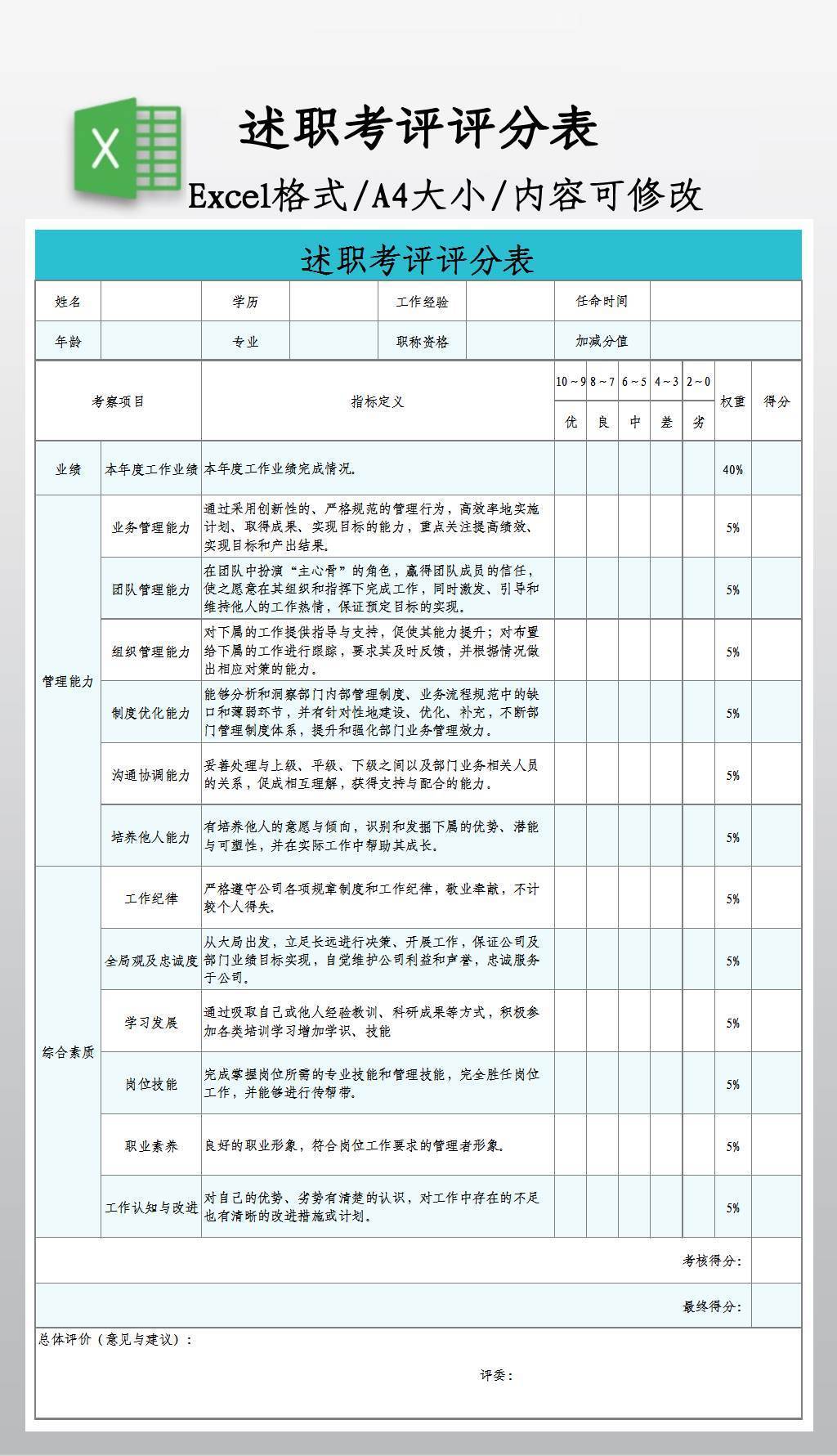 述职考评评分表下载 编号24049142 登记表 我图网